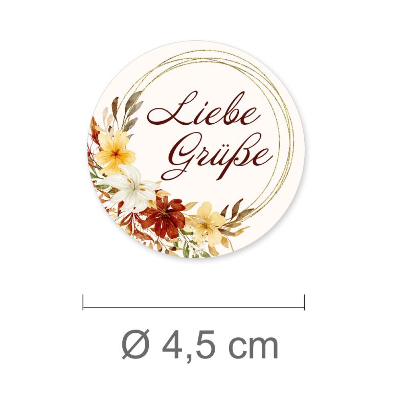 50 stickers LIEBE GRÜßE - Flowers motif Round Ø 4,5 cm