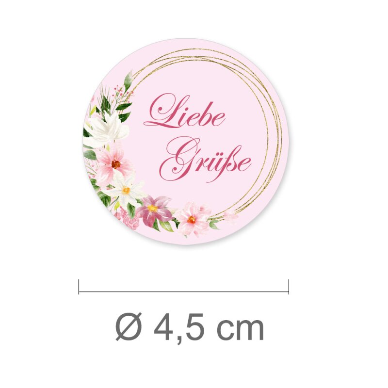 50 stickers LIEBE GRÜßE - Flowers motif Round Ø 4,5 cm